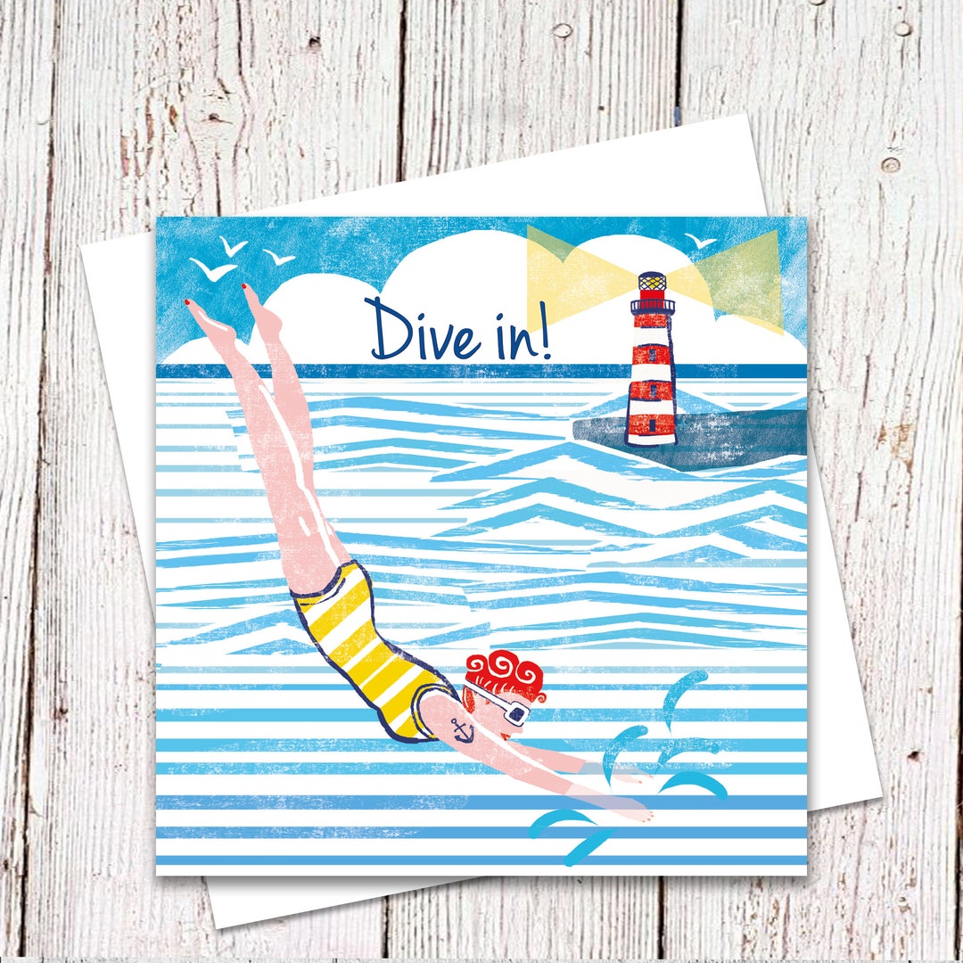 Dive in Card, Female Diver, Vintage Swimsuit, Seagulls, Coastal ...