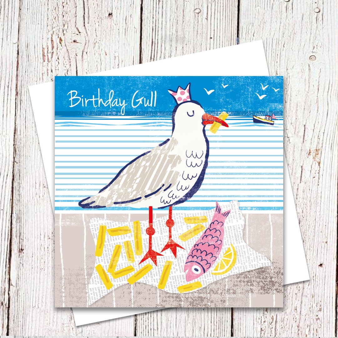 Birthday Gull, Card, Birthday Card, Nautical Card, Seagulls, Fish and ...