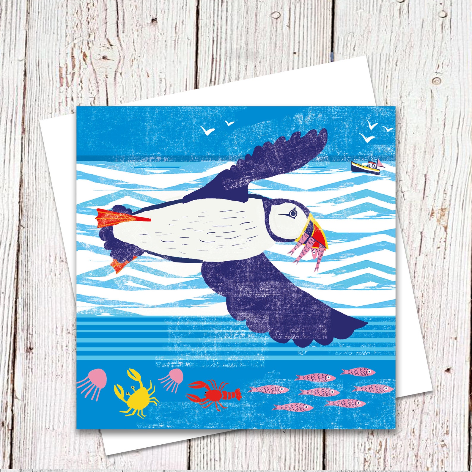 Flying Puffin Nautical Card, British Seaside Illustration - Etsy