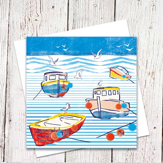 Nautical Card Boats Fishing Boats Seagulls Coastal | Etsy