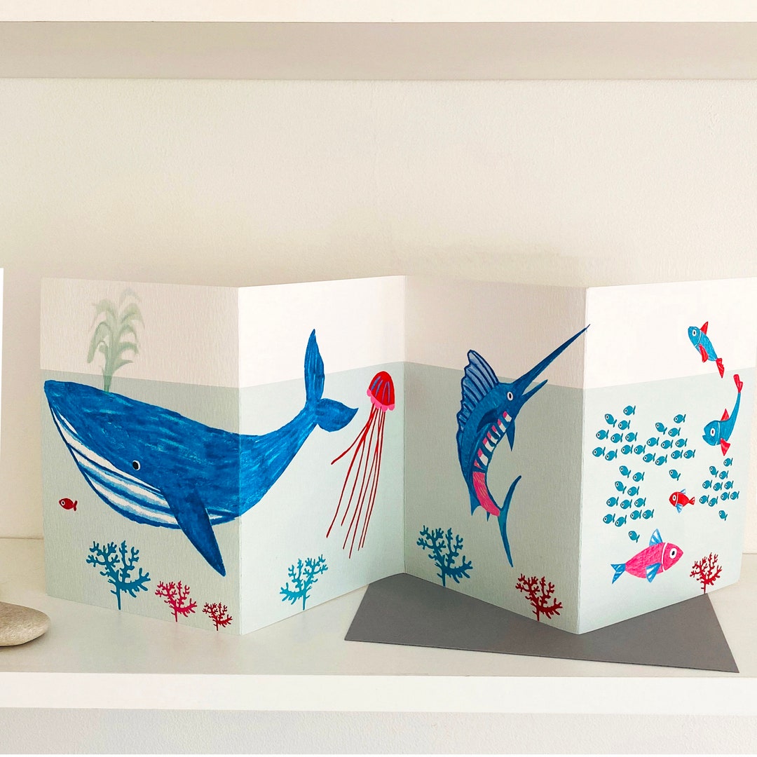 Sea Life Concertina Card Illustrated With a Whale, Jelly Fish,swordfish ...
