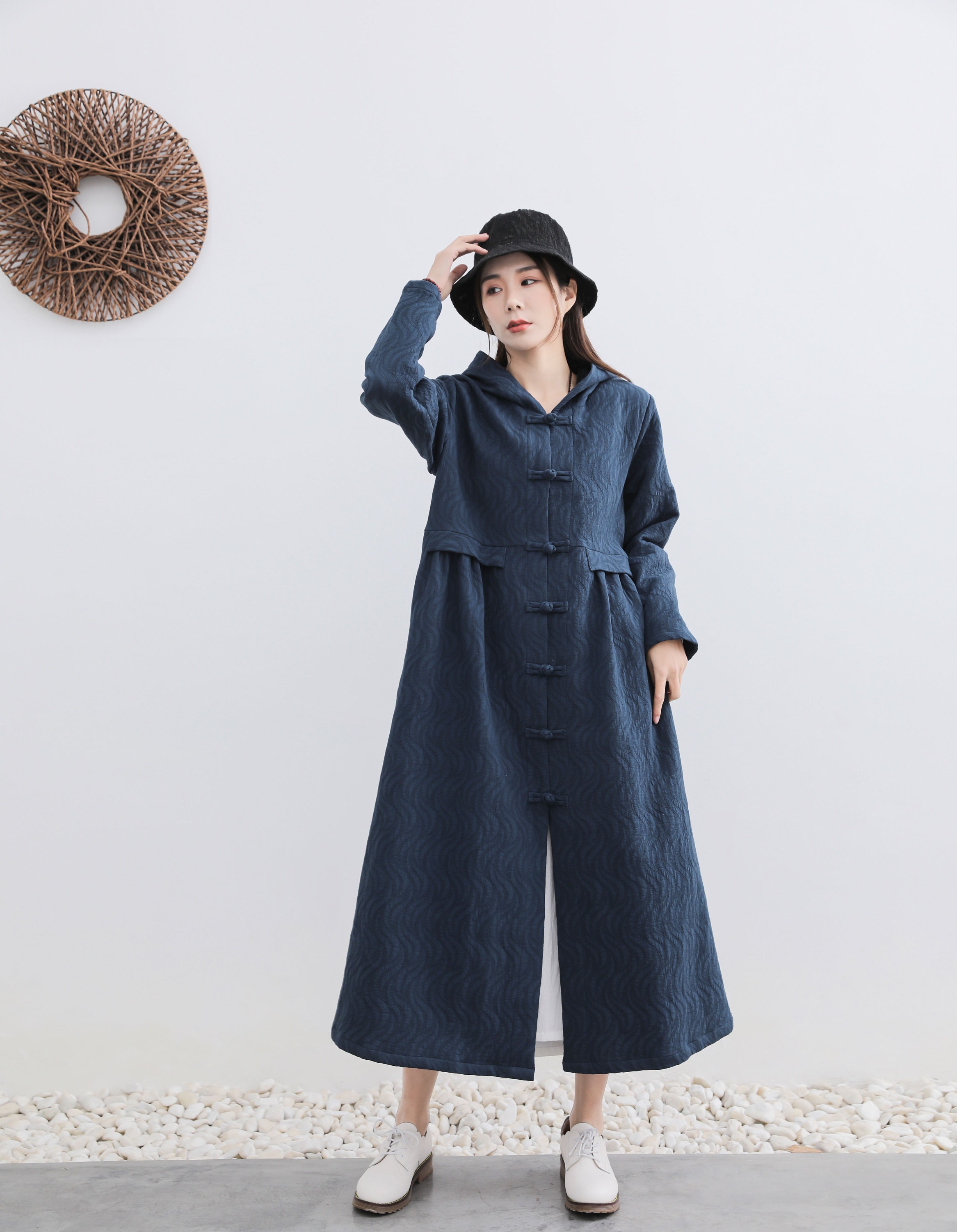 New Arrival Jacquard Hooded Winter Linen Maxi Coat Handmade Buttons ...