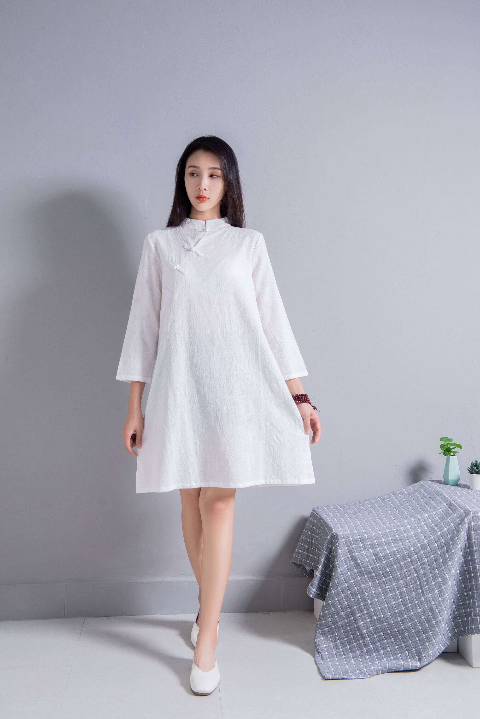 Cheongsam Style Jacquard Linen Dress Soft Cotton Linen Dress Plus Size ...