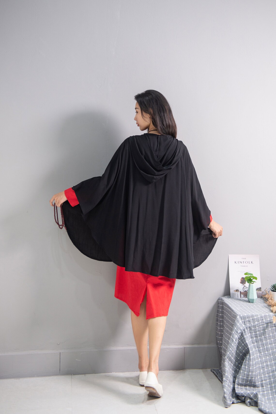 Loose Cotton Linen Hooded Cloak Batwing Sleeves Linen Coat Plus Size ...