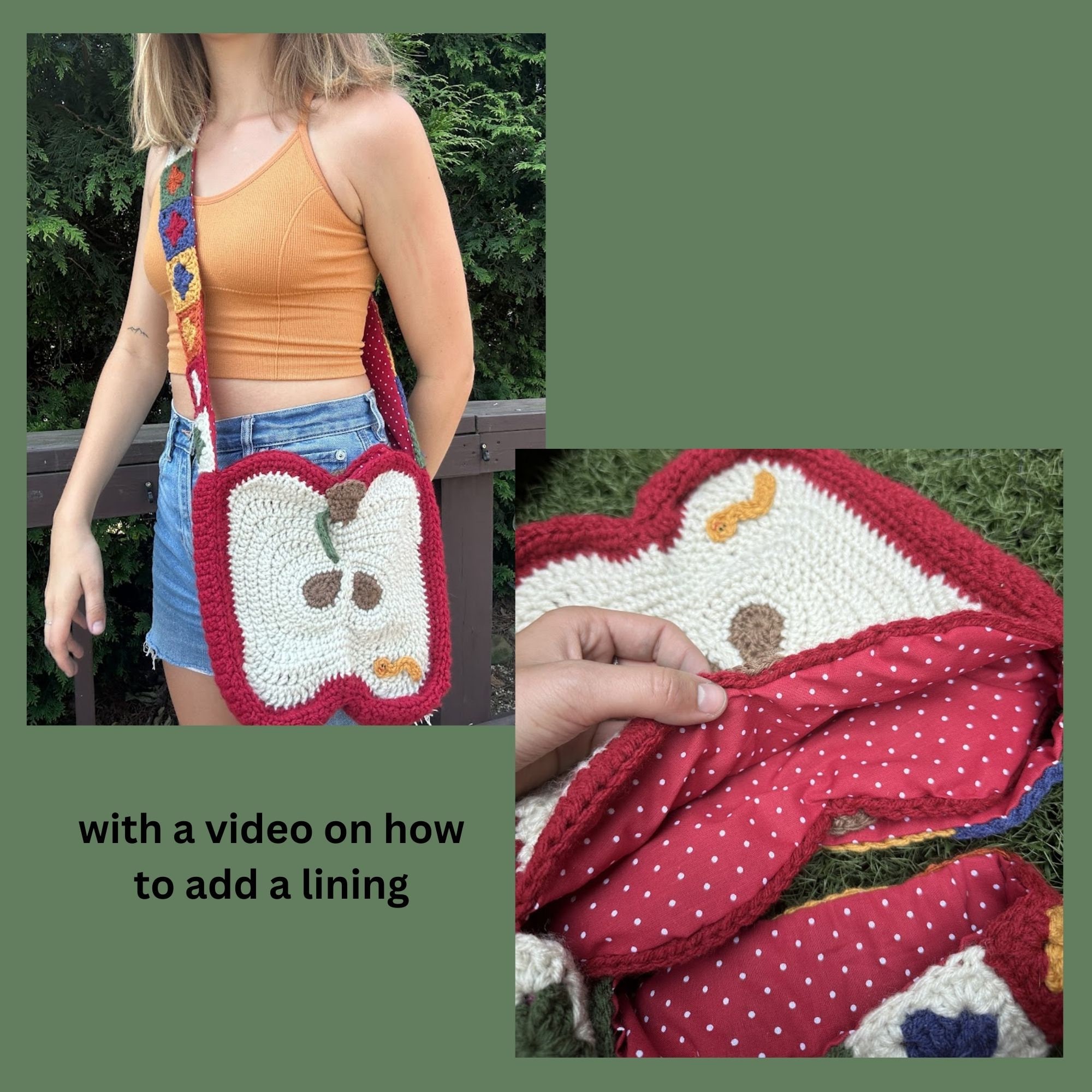 Crochet Apple Bag Pattern PDF Only- Crochet Bag Worm and Leaf, Fruit ...
