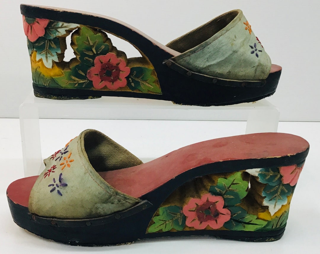 Vintage Hand Carved Wooden Wedge Embroidered Wedges - Etsy