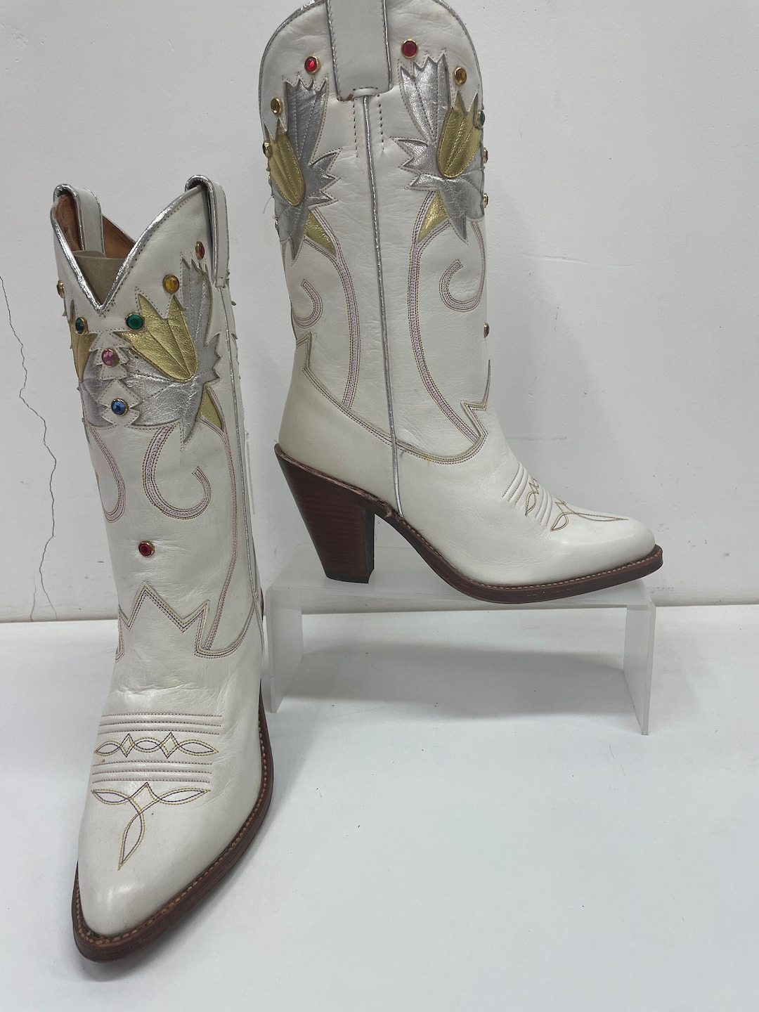 Vintage Beverly Feldman White High Heel Cowboy Boots Size 5 1/2 Never ...