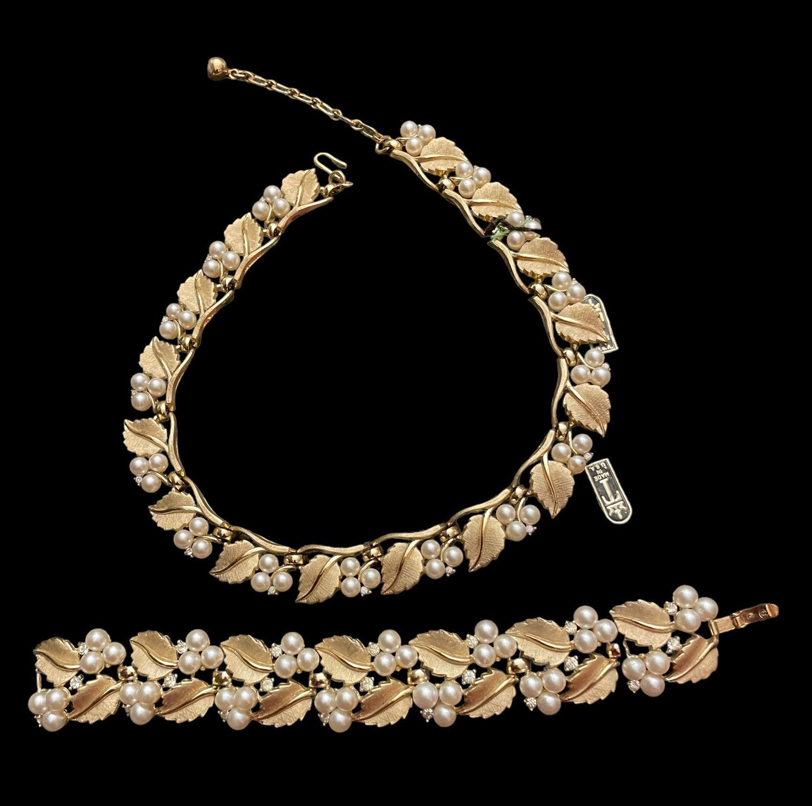Vintage Crown Trifari Gold Brushed Leaf and Faux Pearl Cluster Necklace ...