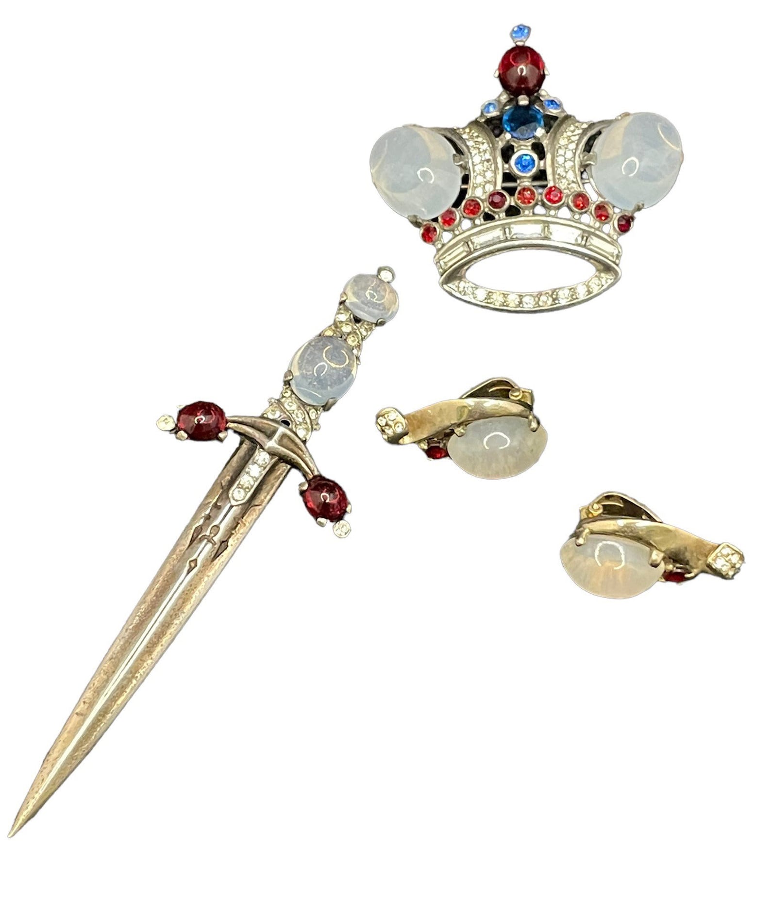 Trifari Jelly Belly Moonstone Crown Brooch, Sword and Matching Earrings ...