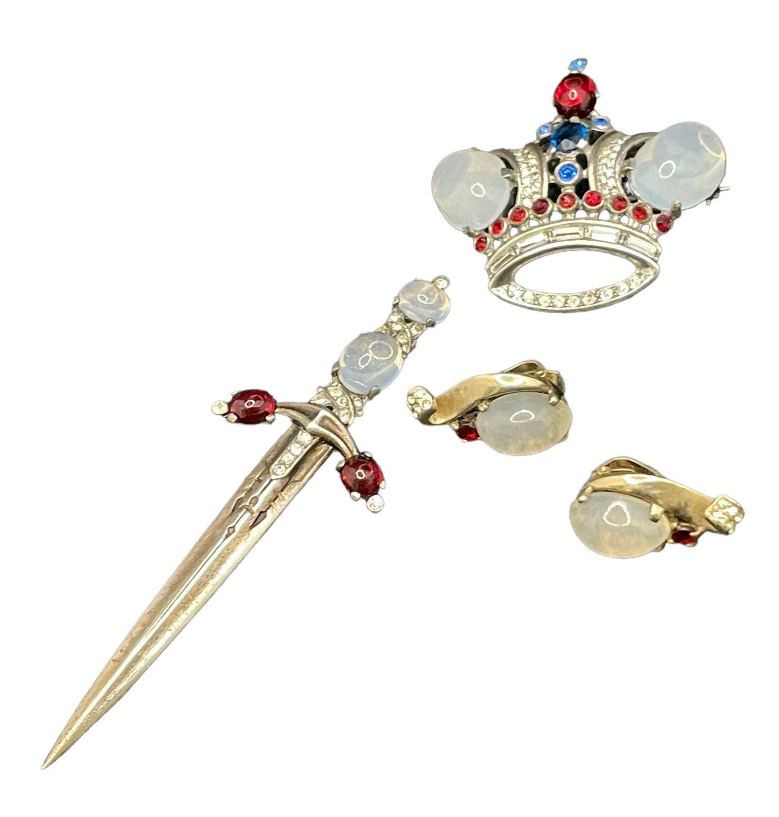 Trifari Jelly Belly Moonstone Crown Brooch, Sword and Matching Earrings ...