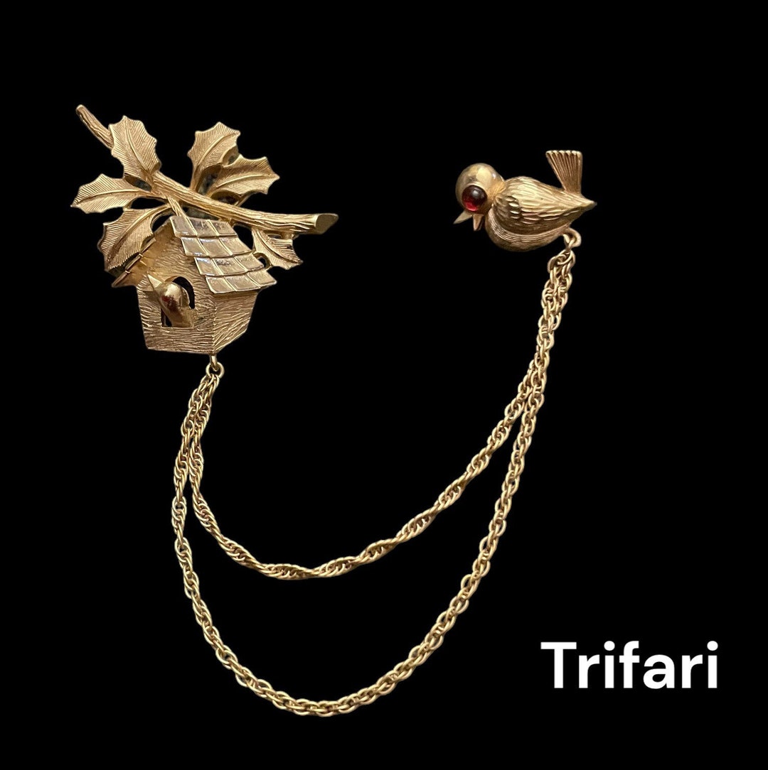 Vintage Crown Trifari Bird House and Bird Pin Brooch - Etsy