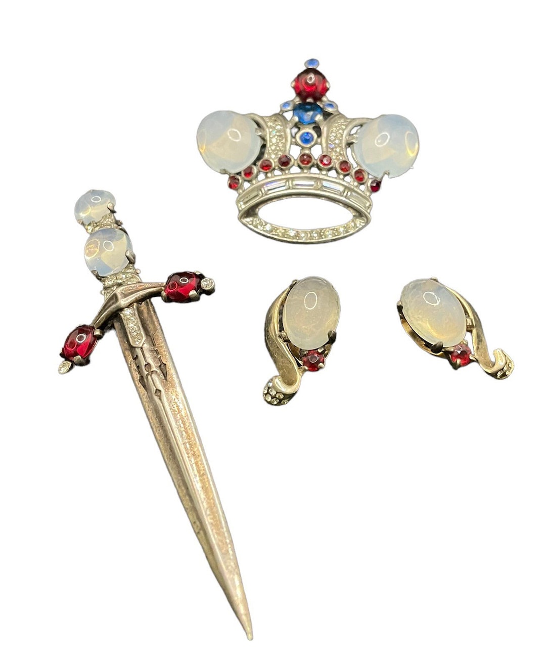 Trifari Jelly Belly Moonstone Crown Brooch, Sword and Matching Earrings ...