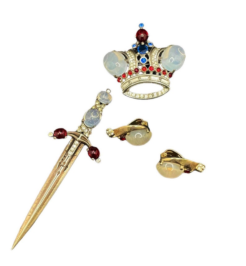Trifari Jelly Belly Moonstone Crown Brooch, Sword and Matching Earrings ...