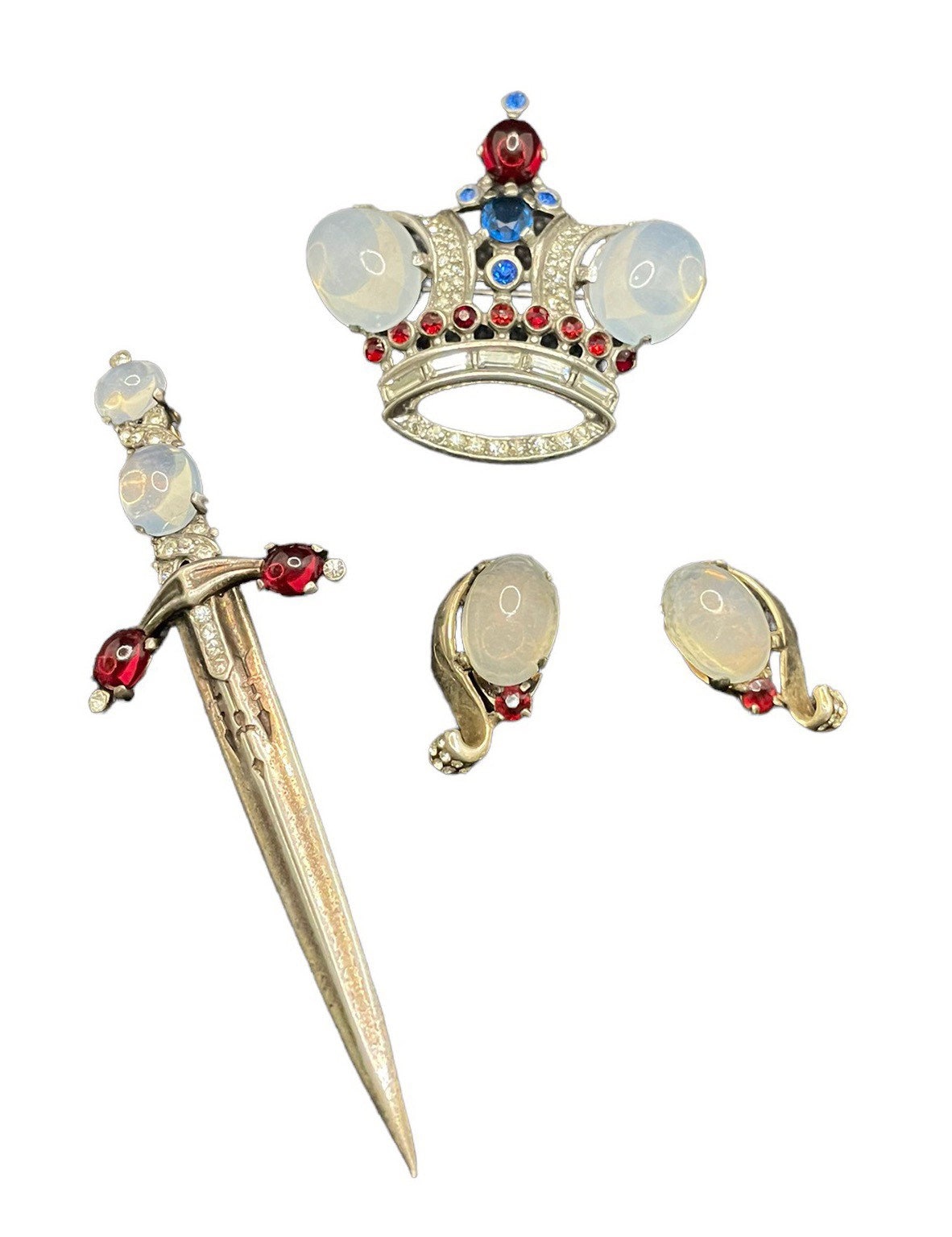 Trifari Jelly Belly Moonstone Crown Brooch, Sword and Matching Earrings ...