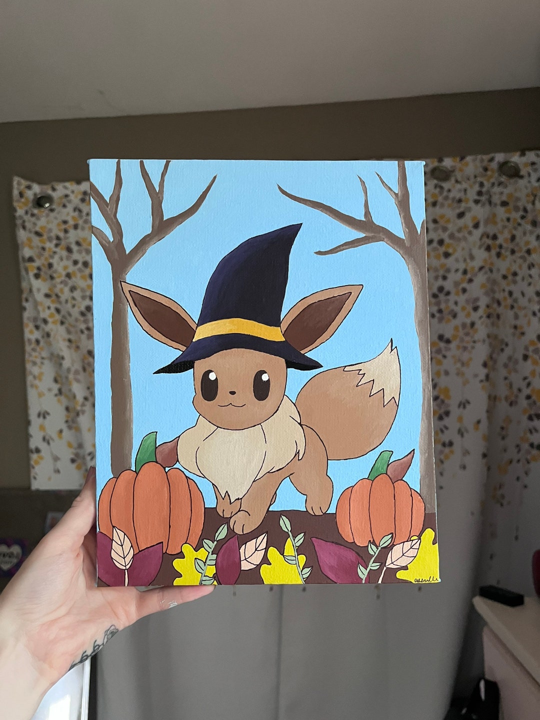 Pokemon Eevee Halloween Autumn Painting on Canvas 8 X - Etsy