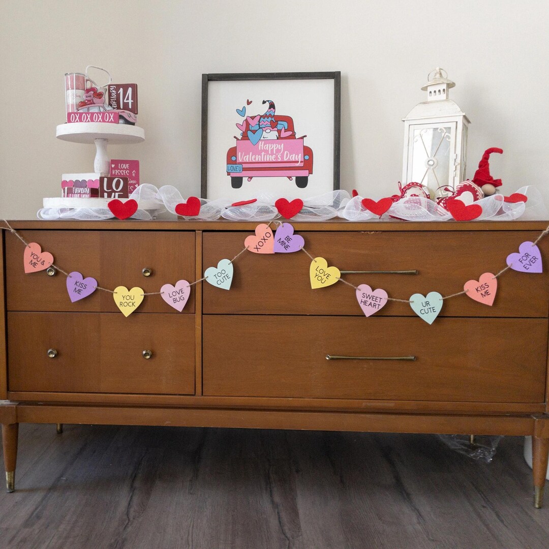 Heart Garland Valentines Day Decor Wood Hearts Conversation Hearts ...