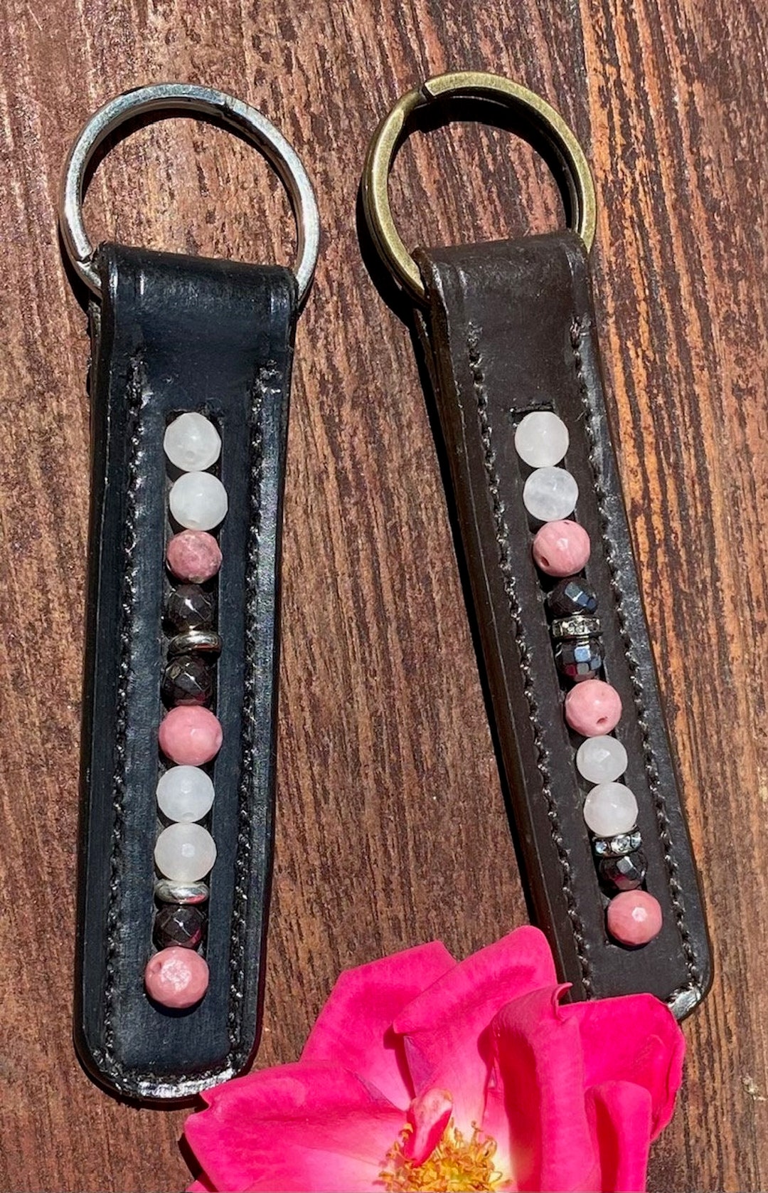 Beaded Leather Keychain W/ Obsidian, Rhodonite, Rose Quartz and Silver ...