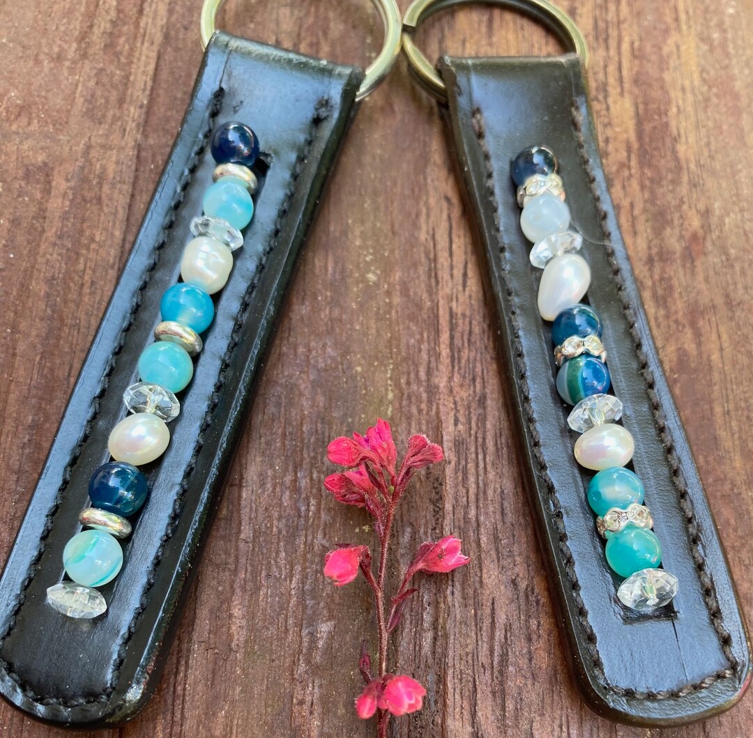 Beaded Leather Keychain W/ Teal Agate, Cream Pearls, and Silver-toned ...