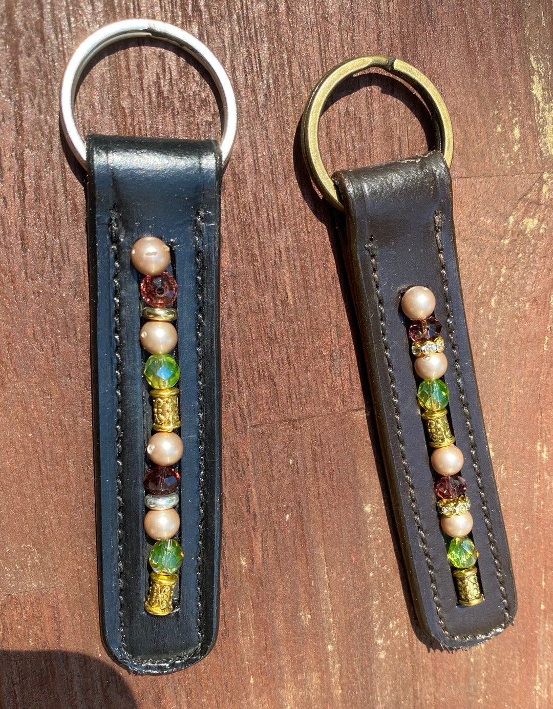 Beaded Leather Keychain: Raspberry Crystals, Almond Pearls, Iridescent ...
