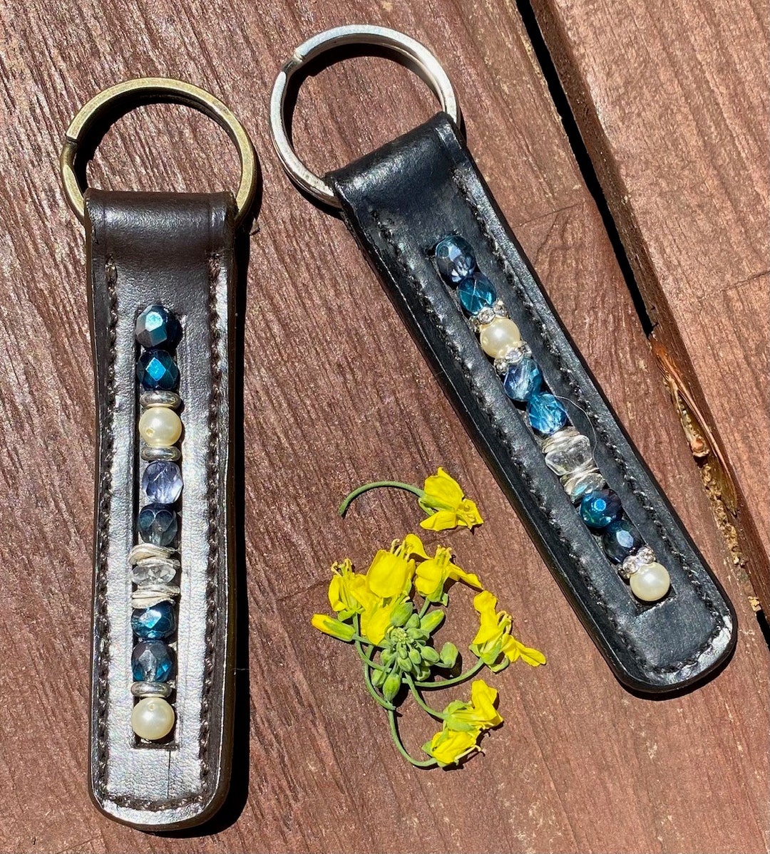 Beaded Leather Keychain: Quartz Crystal, Pearl & Acrylic Accents - Etsy