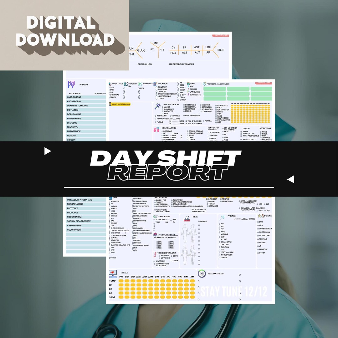 Critical Care Nurse Report Sheets. ICU & Stepdown Digital Template. Day ...