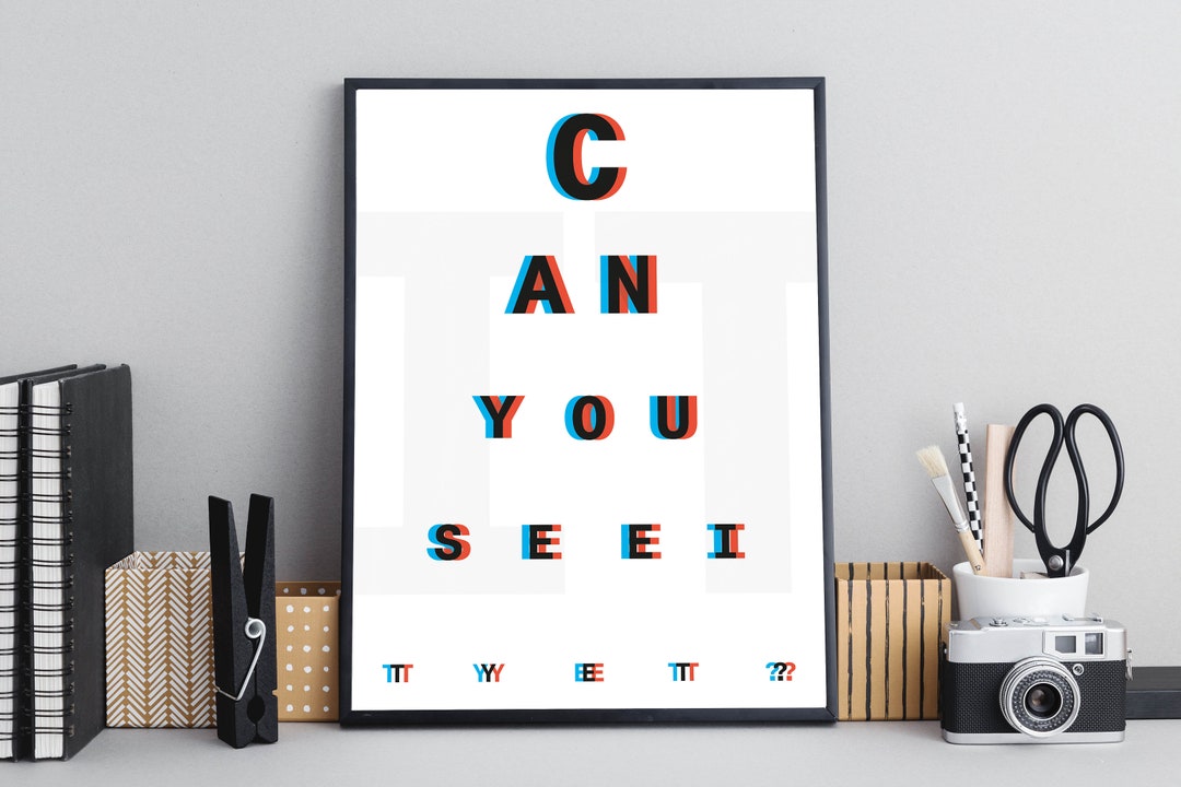 Printable 3D EYE TEST, 3D Glitch Effect, Typography Poster, Red & Blue ...