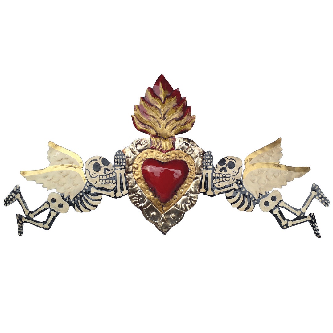 Sacred Heart With Calaveras Angels, Mexican Crafts, Wall Mount 26 X 46 ...