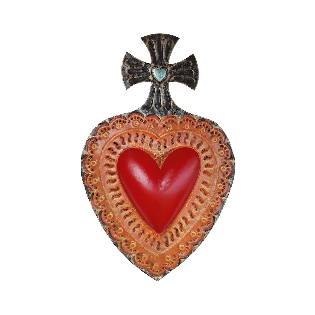 Sagrado Corazón con Cruz, Artesanía Mexicana en Metal Estaño, para ...
