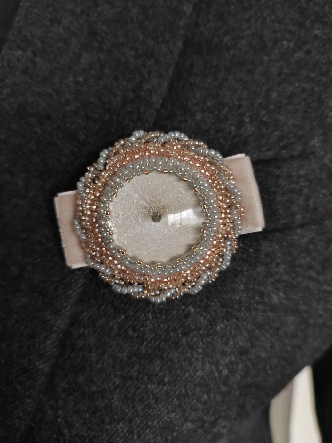 Handmade Beaded Brooch: Gray-beige Glass Cabochon, Leather Backing - Etsy