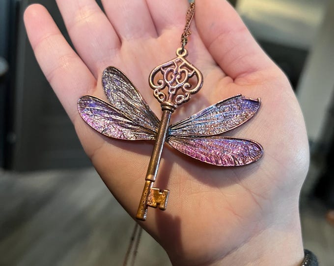 Flying Vintage Key With Dragonfly Wings, Real Insect, Electroformed Gem ...
