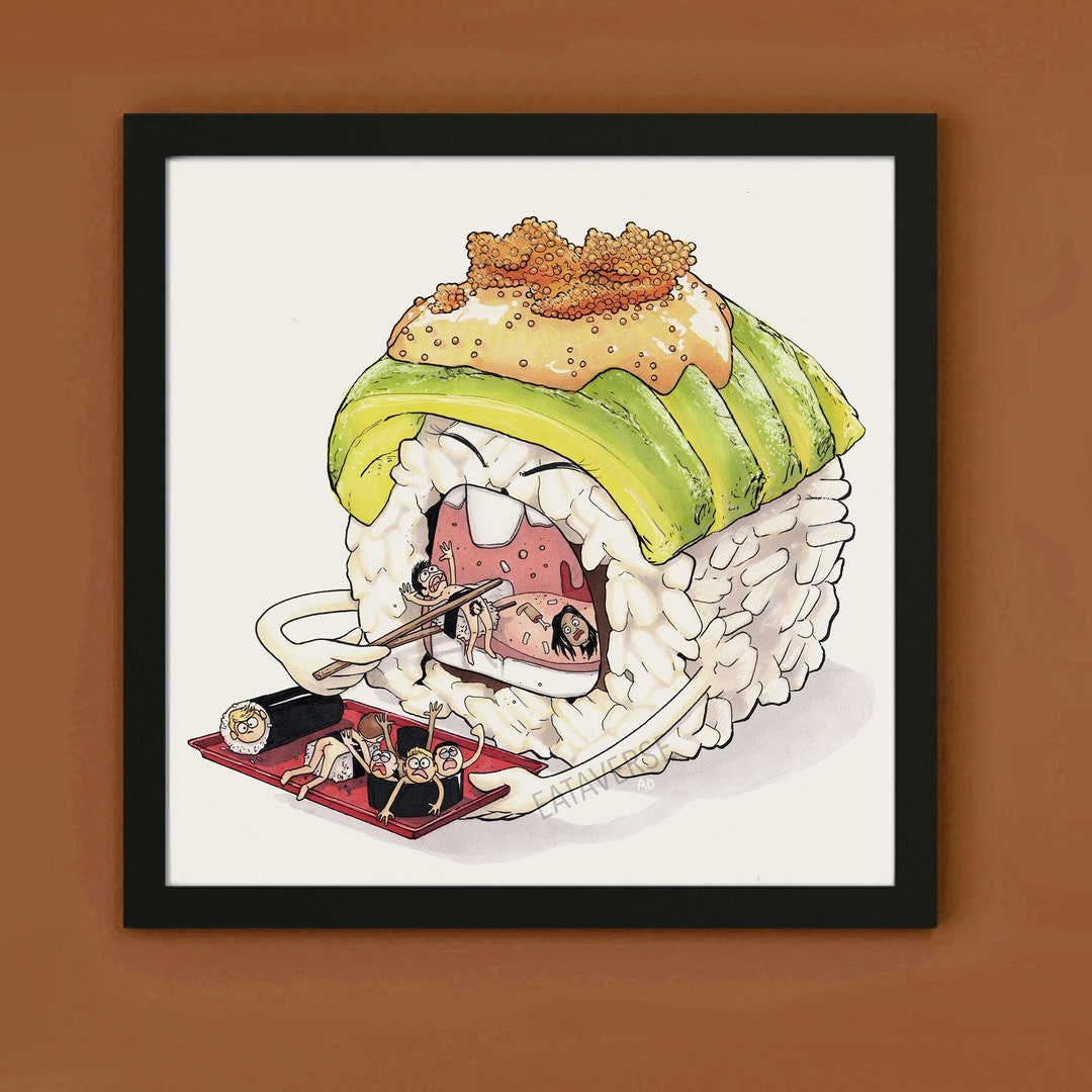 Sushi Roll Art Print Eating Humans // Illustrated Wall Art, Original ...