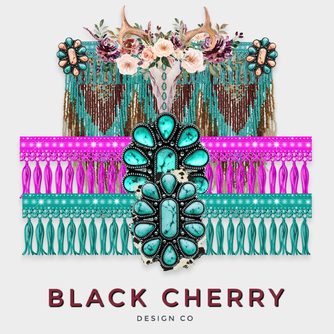 Boho Fringe Turquoise PNG Borders, Set of 3 Western Banner PNG Clipart ...