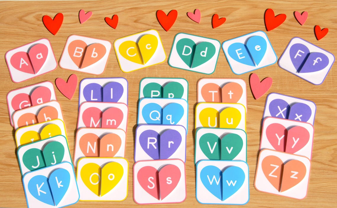 Hearts Uppercase Lowercase Alphabet Matching Cards Preschool Valentine ...