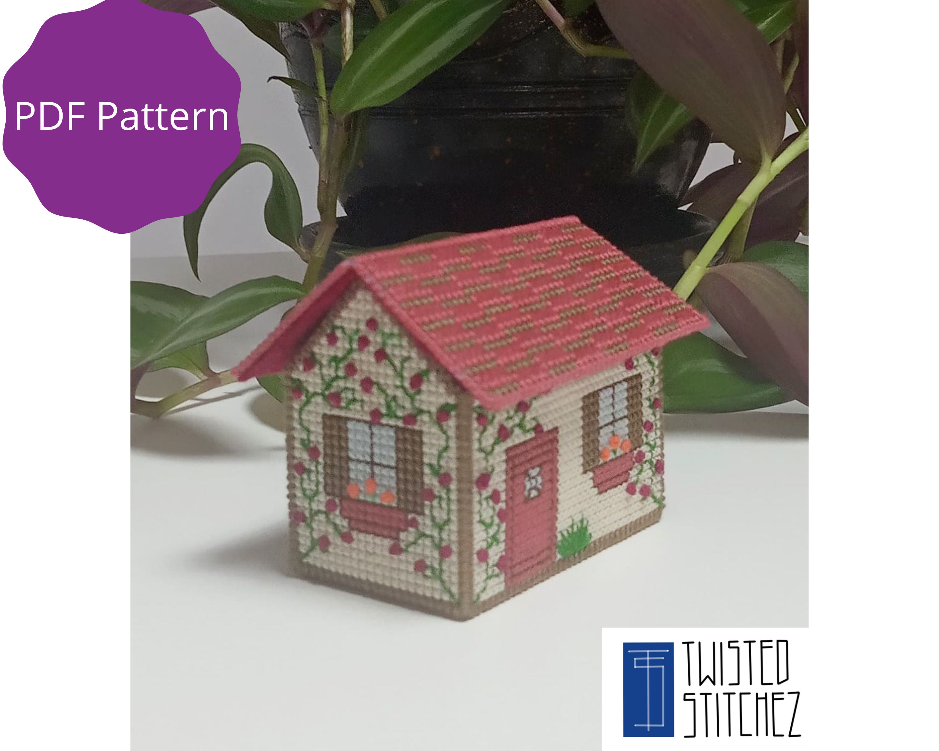 Plastic Canvas House Shaped Box Pattern, House With Roses PDF Chart ...