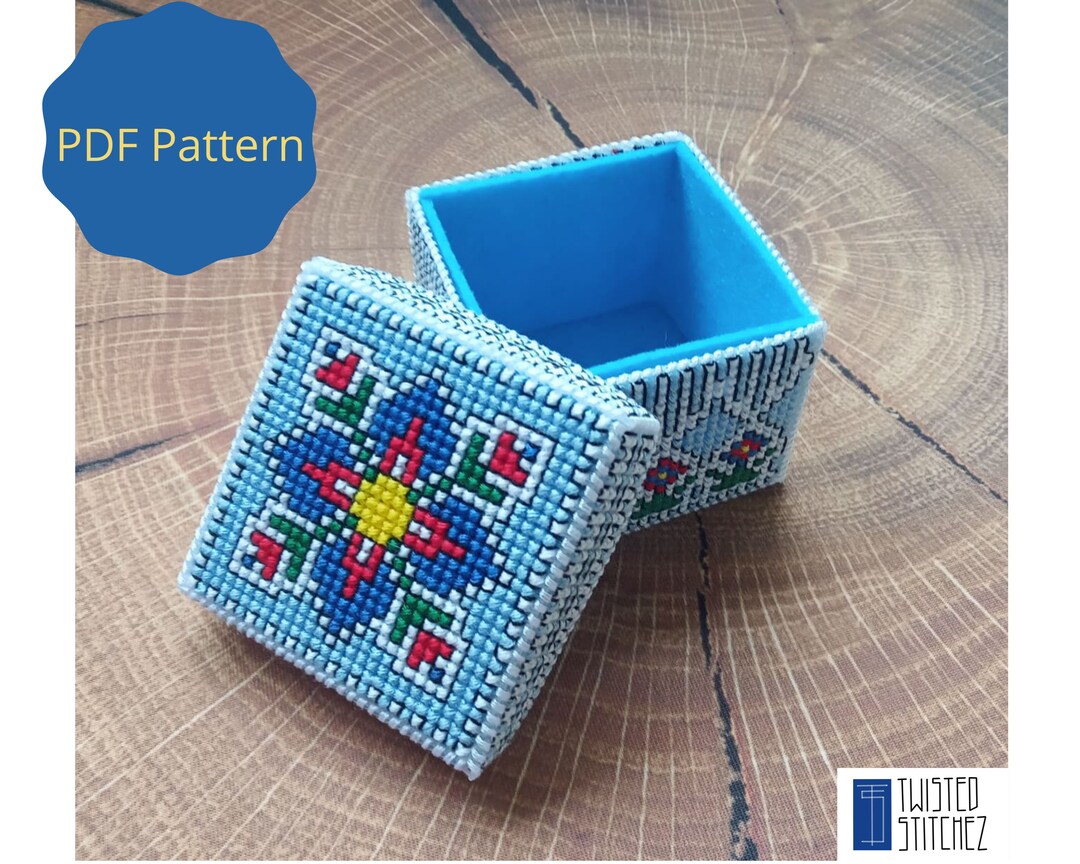 Blue Flower Plastic Canvas Box Pattern, Jewelry Box PDF Chart, Cross Stitch Box Instant Download ...