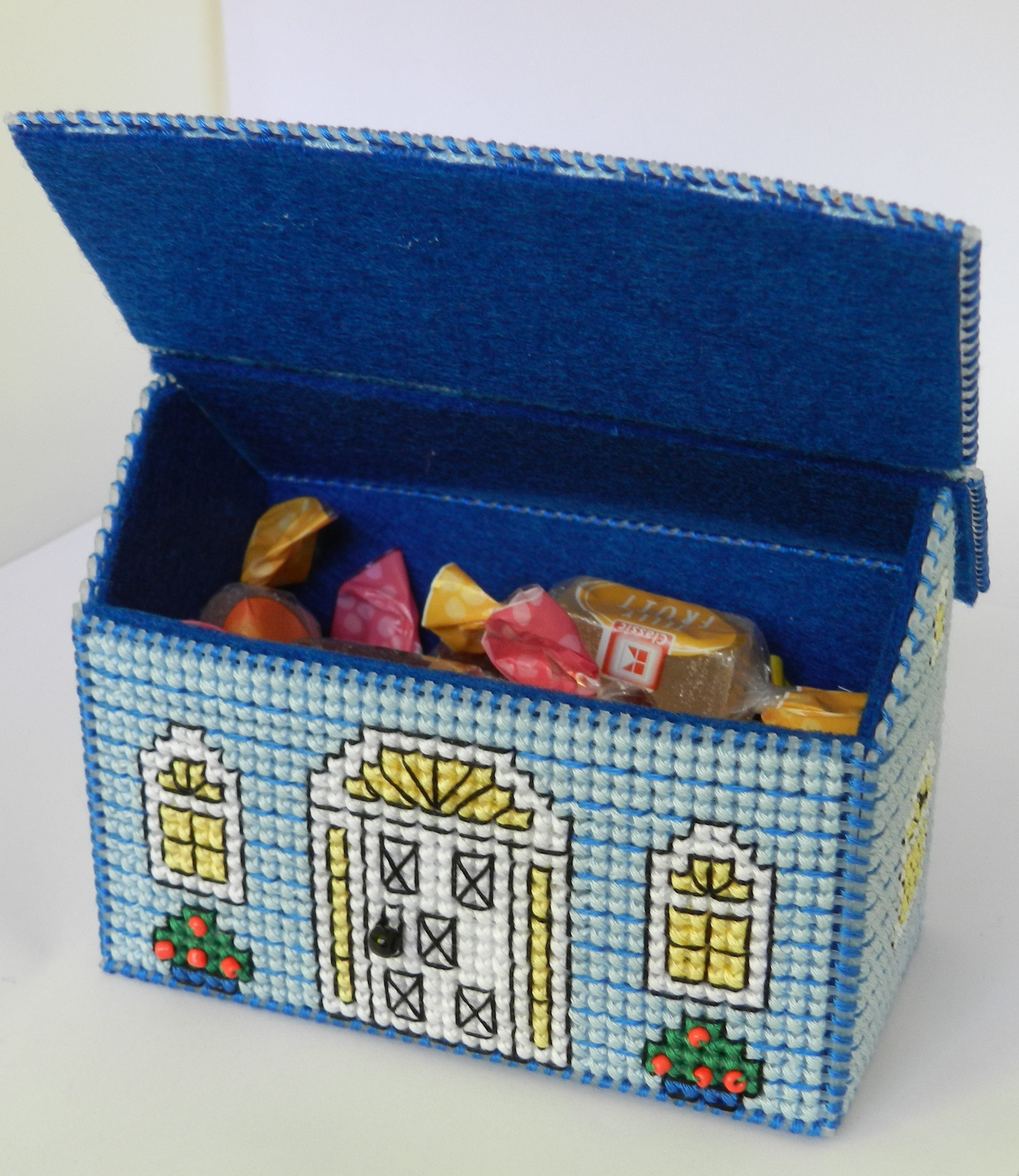 Plastic Canvas House Shaped Box Pattern, Cute Blue House With Cat on ...