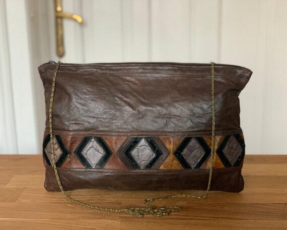 Vintage 1980's Dark Brown Leather Shoulder Strap Zip … - Gem