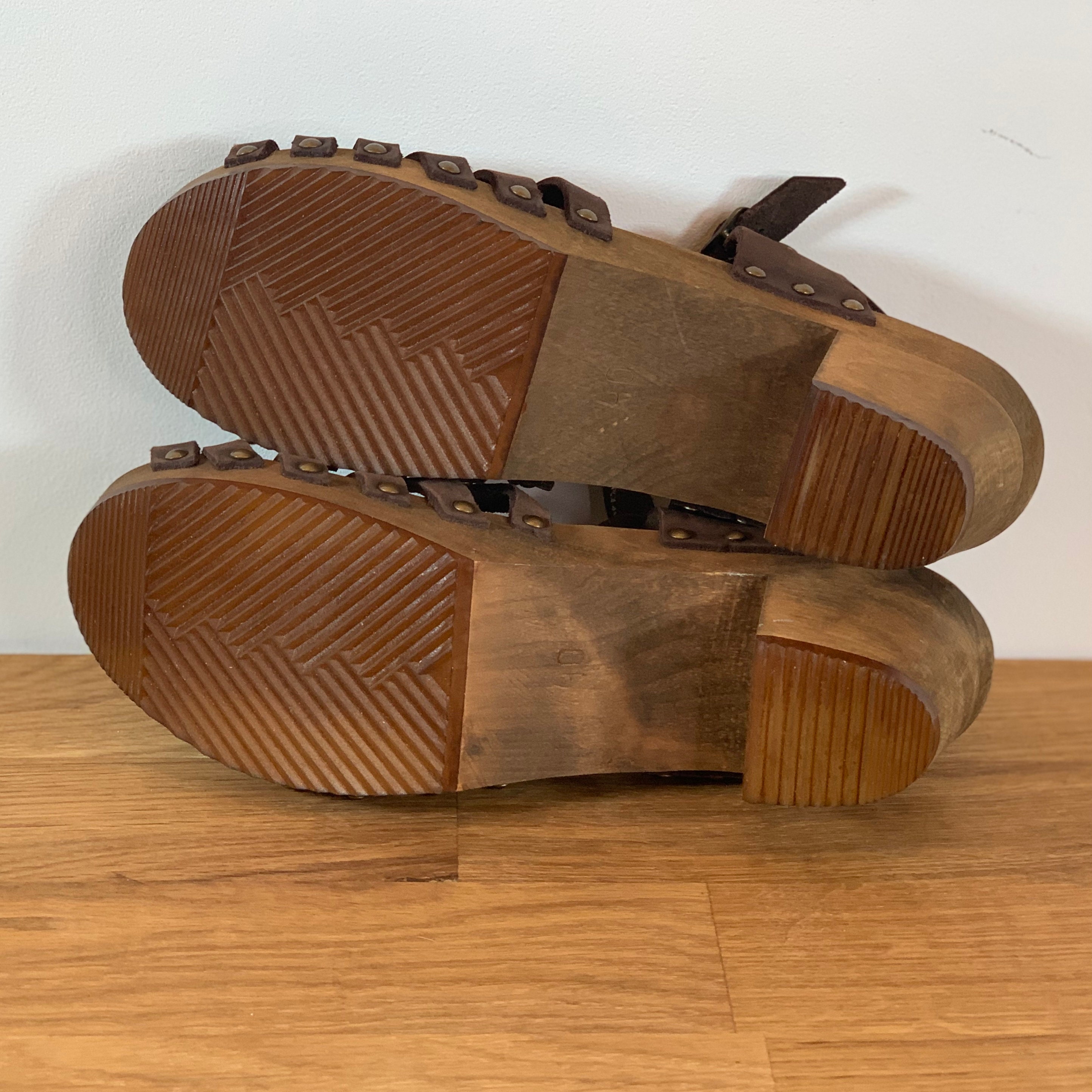 Vintage Brown Leather Wood Sole Sandals Size 40 EU - Etsy