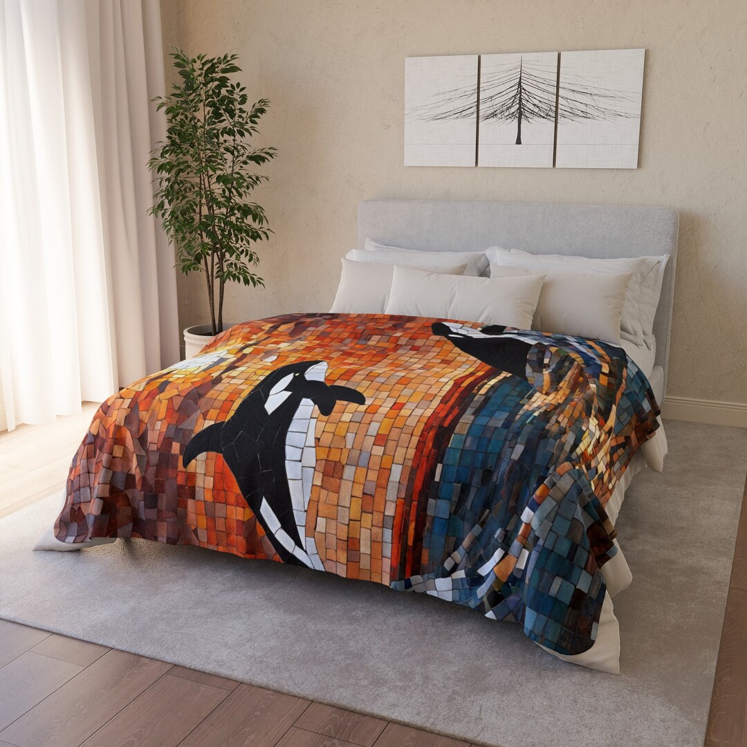 Mosaic Orca Whale Art Sunset Beach Fleece Blanket, Sofa Throw Cozy Bed ...