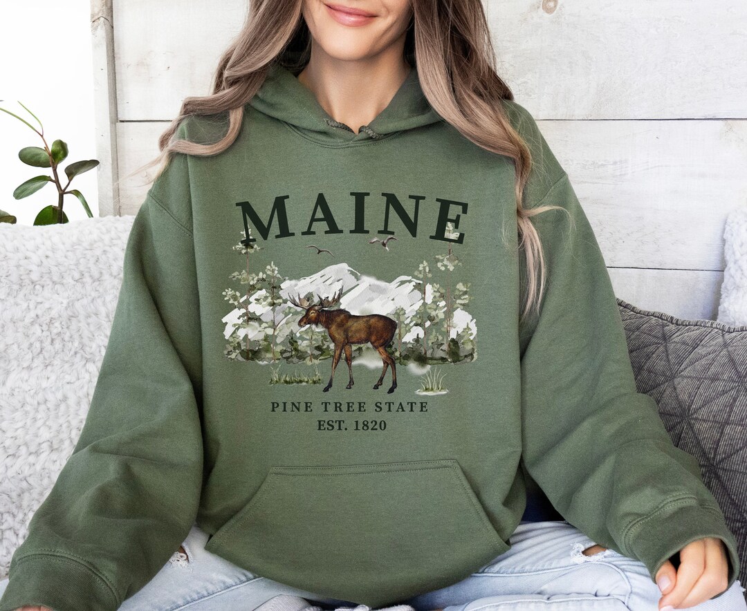 Maine Moose Hooded Sweatshirt Hoodie, Unisex Maine Pullover Shirt Gift, Pine Tree State - Etsy