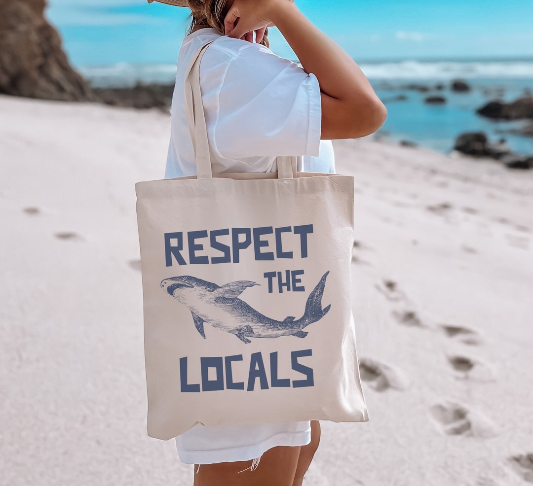 Respect the Locals Shark Beach Tote Bag, Large Cotton Canvas Carryall ...