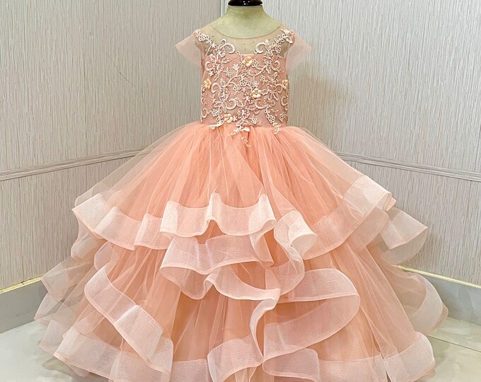 Light Peach Dress Haute Couture, 3D Flower Design, Light Peach Flower ...