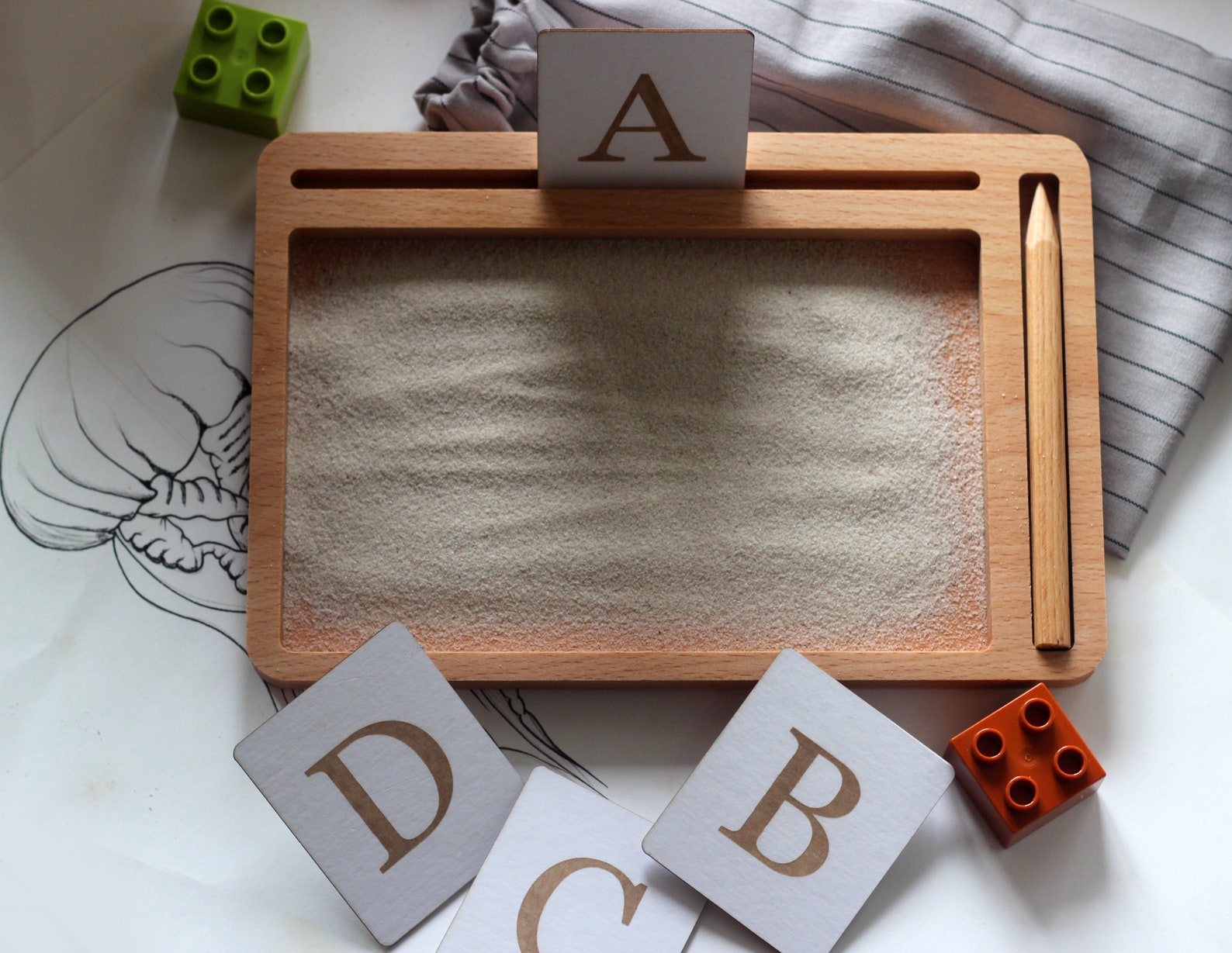 Wooden sand tracing tray with flashcard holder Montessori | Etsy