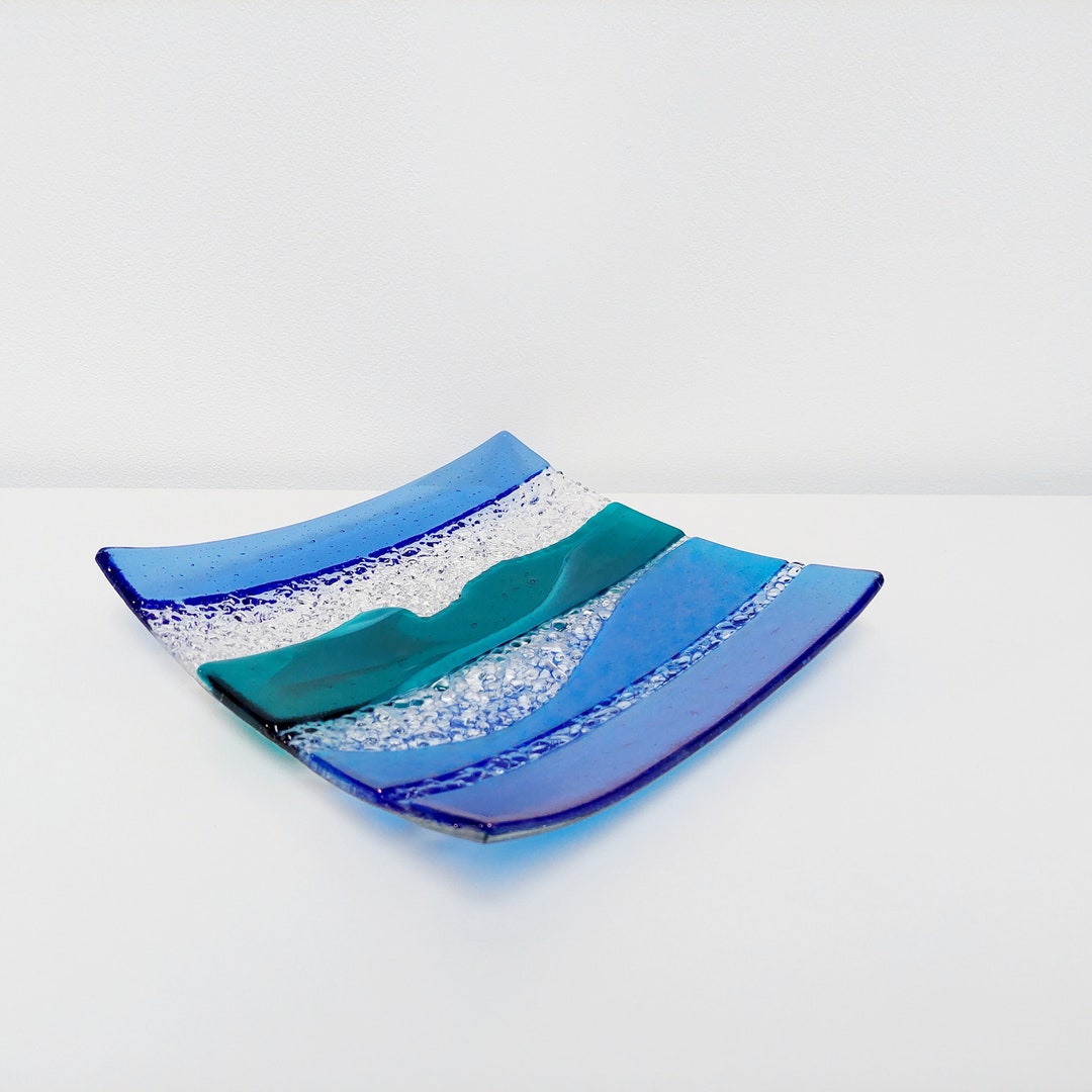 Artisan Teal and Blue Plate, Handmade Textured Glass Art Plate, Teal ...