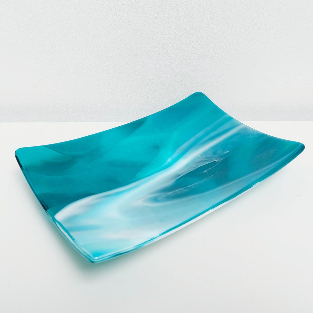 Teal Decorative Glass Art Plate, Handmade Fused Glass Coffee Table ...