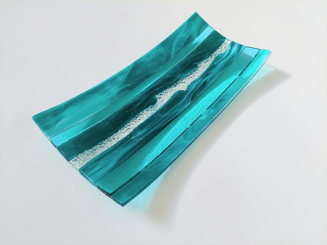 Large Teal Glass Art Plate, Handmade Teal and Aqua Fused Glass ...