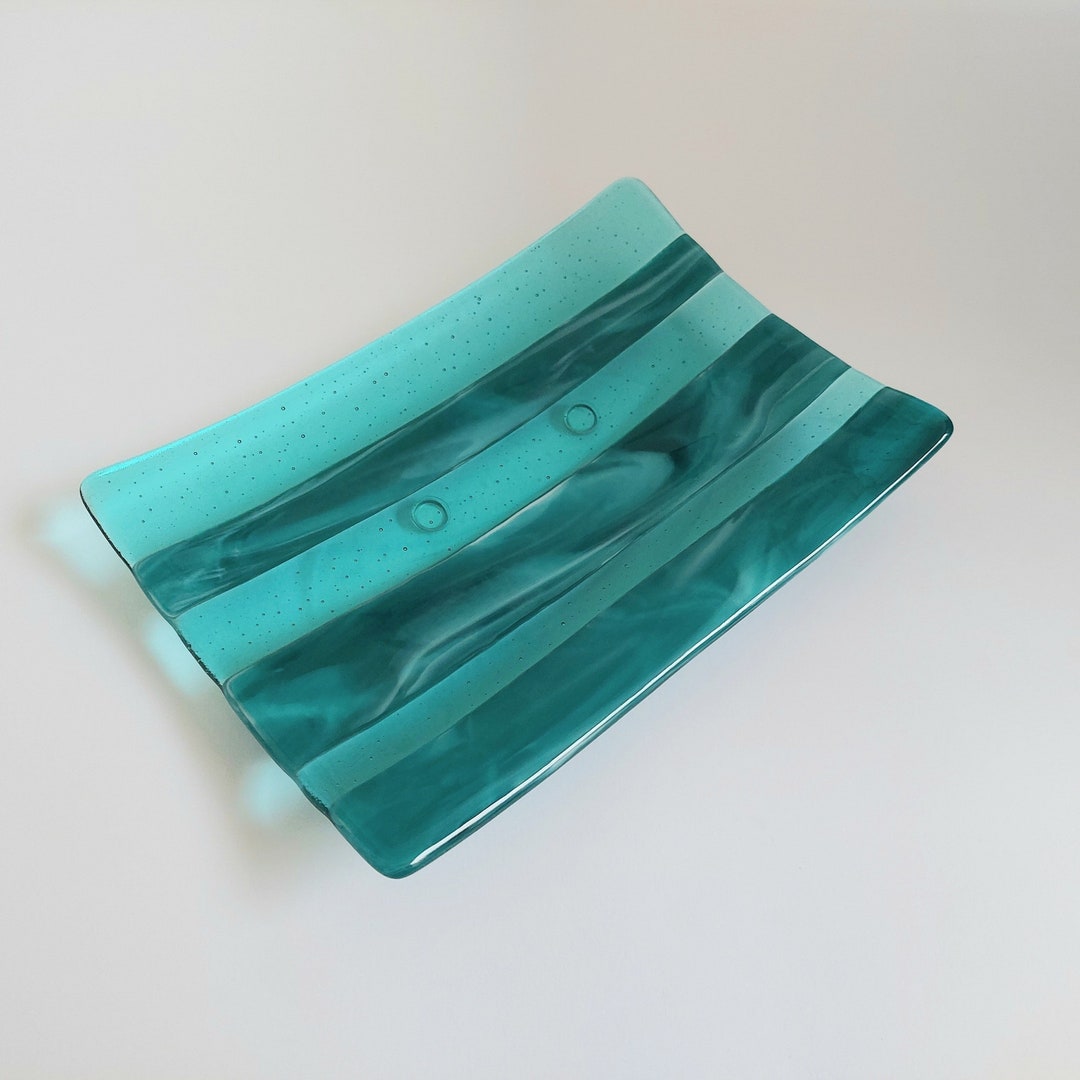Aqua and Teal Glass Art Plate, Handmade Fused Glass Coffee Table ...
