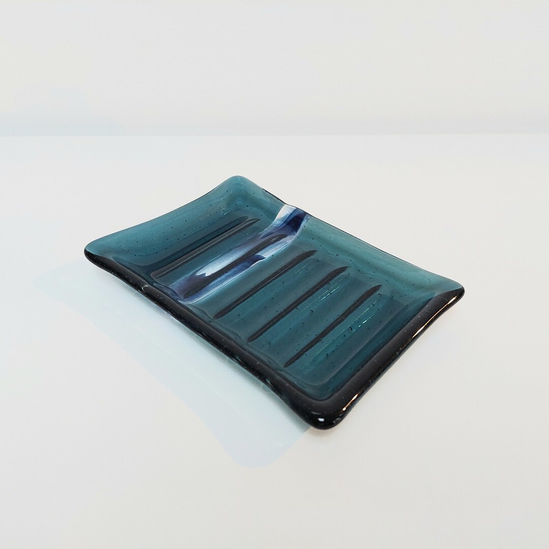 Ocean Glass Art Soap Dish Handmade Sea Blue And Aventurine Fused Glass Soap Tray With Ridges