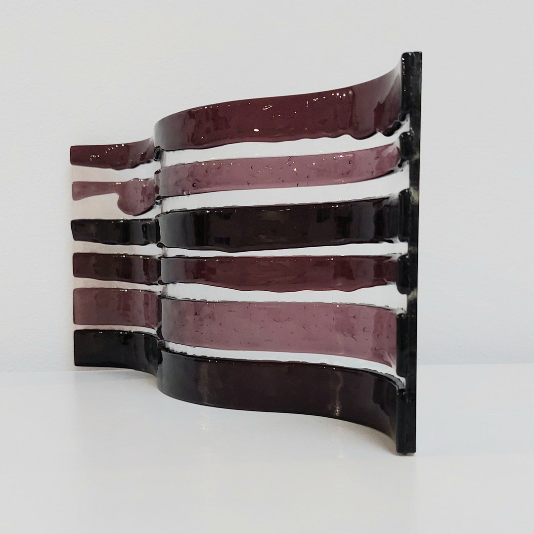 Plum Freestanding Wavy Glass Panel, Large Handmade Fused Glass Art Wave ...