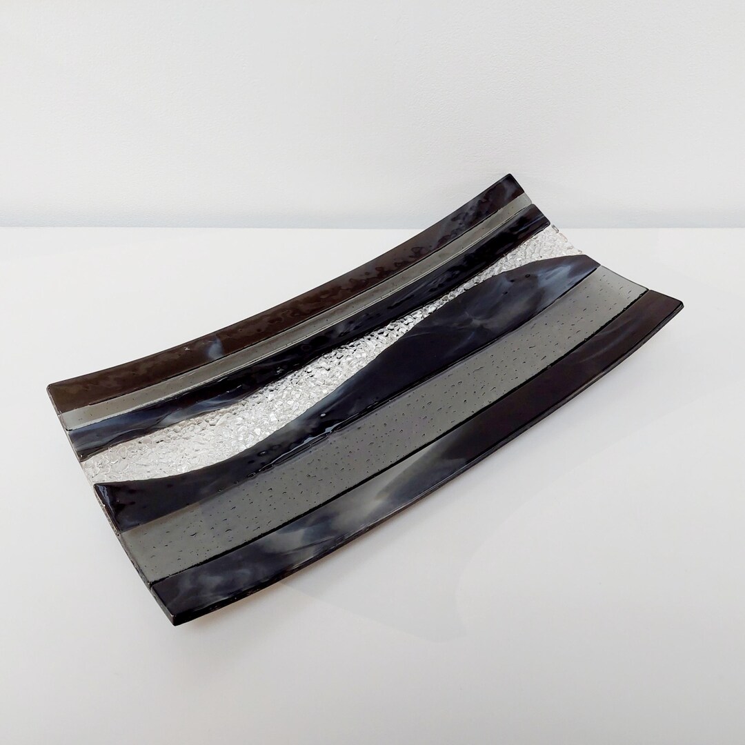 Large Grey Textured Glass Plate, Handmade Stone and Silver Grey Glass ...